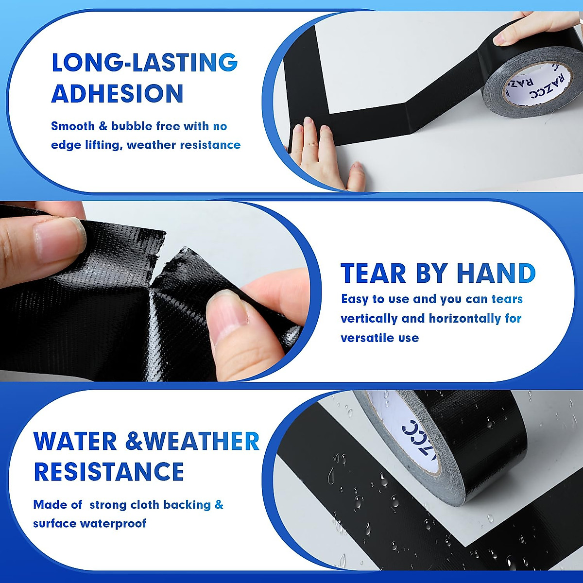 RAZCC Duct Tape, 6 Rolls Black Duct Tape,Heavy Duty, Flexible, No Residue, All-Weather and Tear by Hand, 30 Yard x 2 Inch Per Roll - Bulk Value for Indoor & Outdoor Repairs, Industrial Use