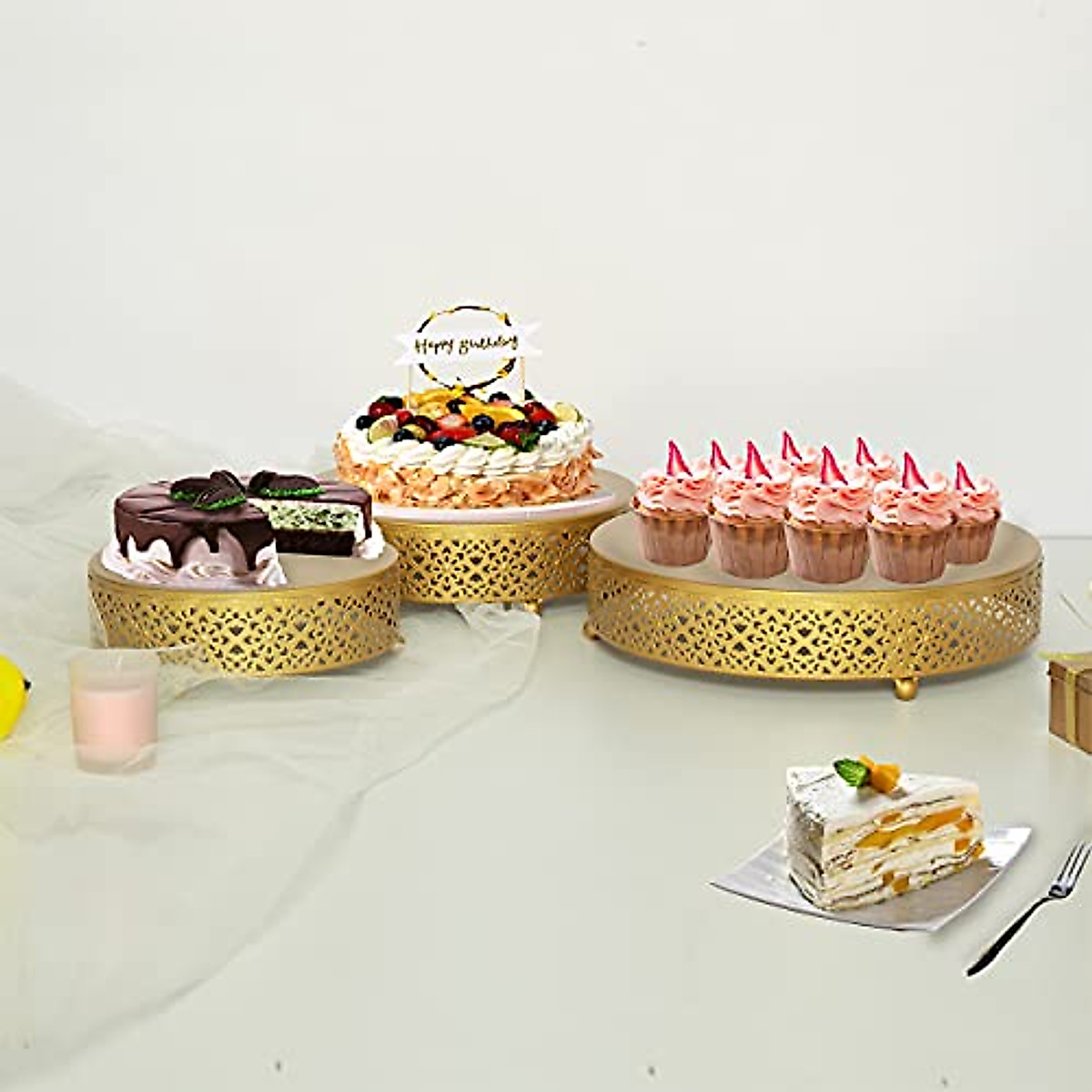Beingreat 3-Piece Cake Stands Set, Round Metal Cake Stands Dessert Display Cupcake Stands for Birthday Wedding Anniversary Party Gold (8” 10” 12”)