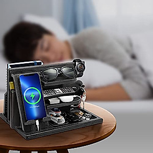 Gifts for Men Wood Phone Docking Station Mens Gifts for Christmas Key Holder Wallet Stand Watch Organizer Men Gift Husband Wife Dad Birthday Gifts for Him Nightstand Organizer Father Male Idea Gadgets