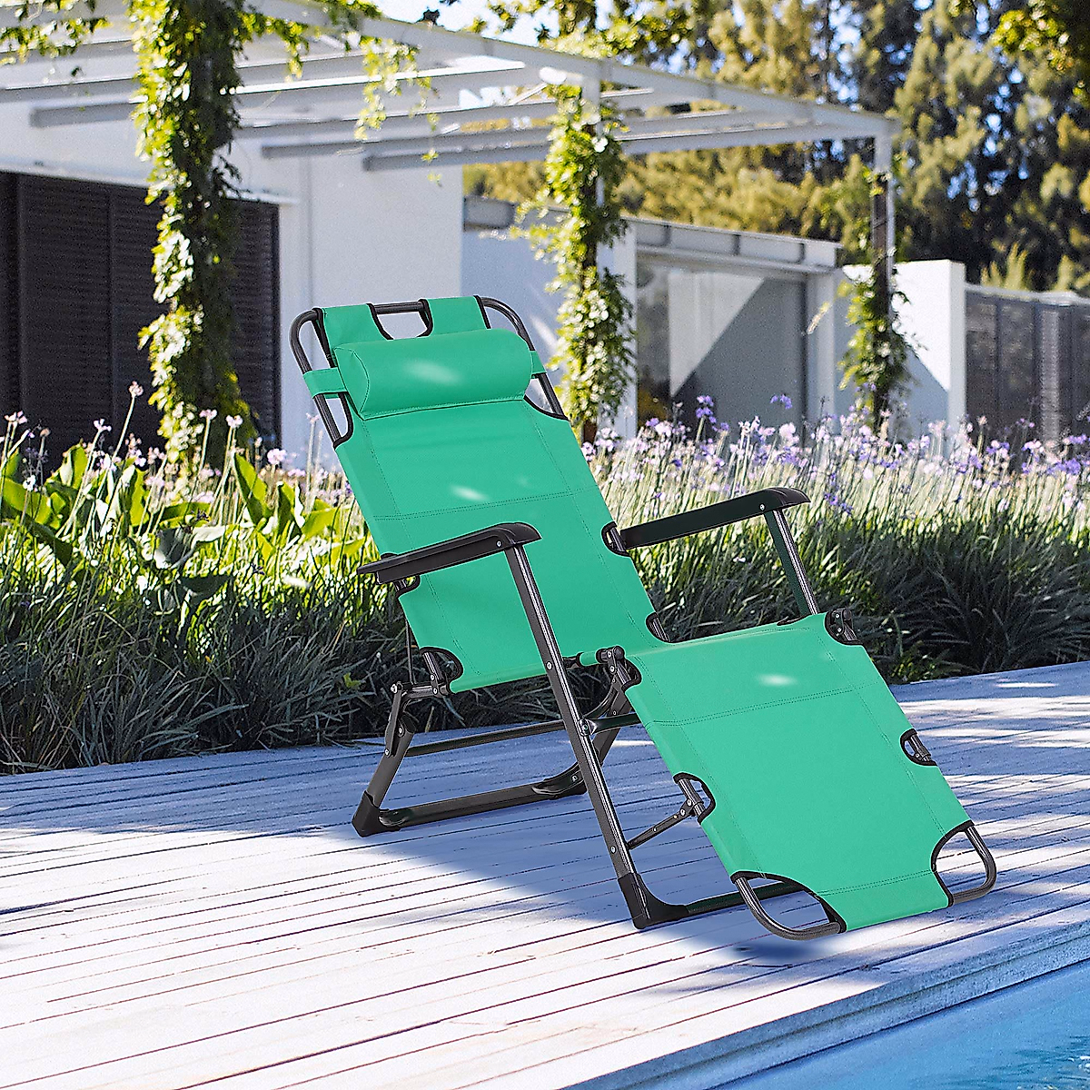 Outsunny Folding Chaise Lounge Chair for Outside, 2-in-1 Tanning Chair with Pillow & Pocket, Adjustable Pool Chair for Beach, Patio, Lawn, Deck, Green