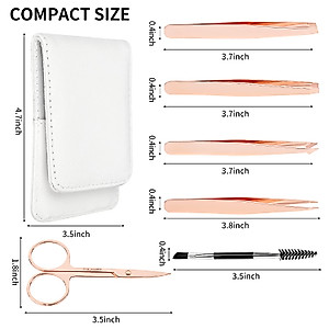 Precision Eyebrow Tweezers Set Pack of 6 for Women Ingrown Facial Hair Removal Pointed Rose Gold Tweezers Scissors Brush Kit for Splinter with Leather Case Gift