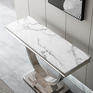 Maotifeys White Marble Console Table Long Narrow Console Entryway Table with Silver Stainless Steel Base, Accent Sofa Side Table Behind Couch, Mid Century Modern Console Table for Living Room Entryway