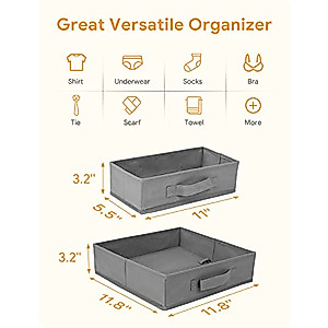 Teklar Dresser Drawer Organizers for Clothing [10 Pack] Foldable Fabric Shallow Clothes Drawer Dividers with 3.2" Height for Baby Clothes, Underwear, Sock, Bra (6 Medium + 4 Large, Grey)