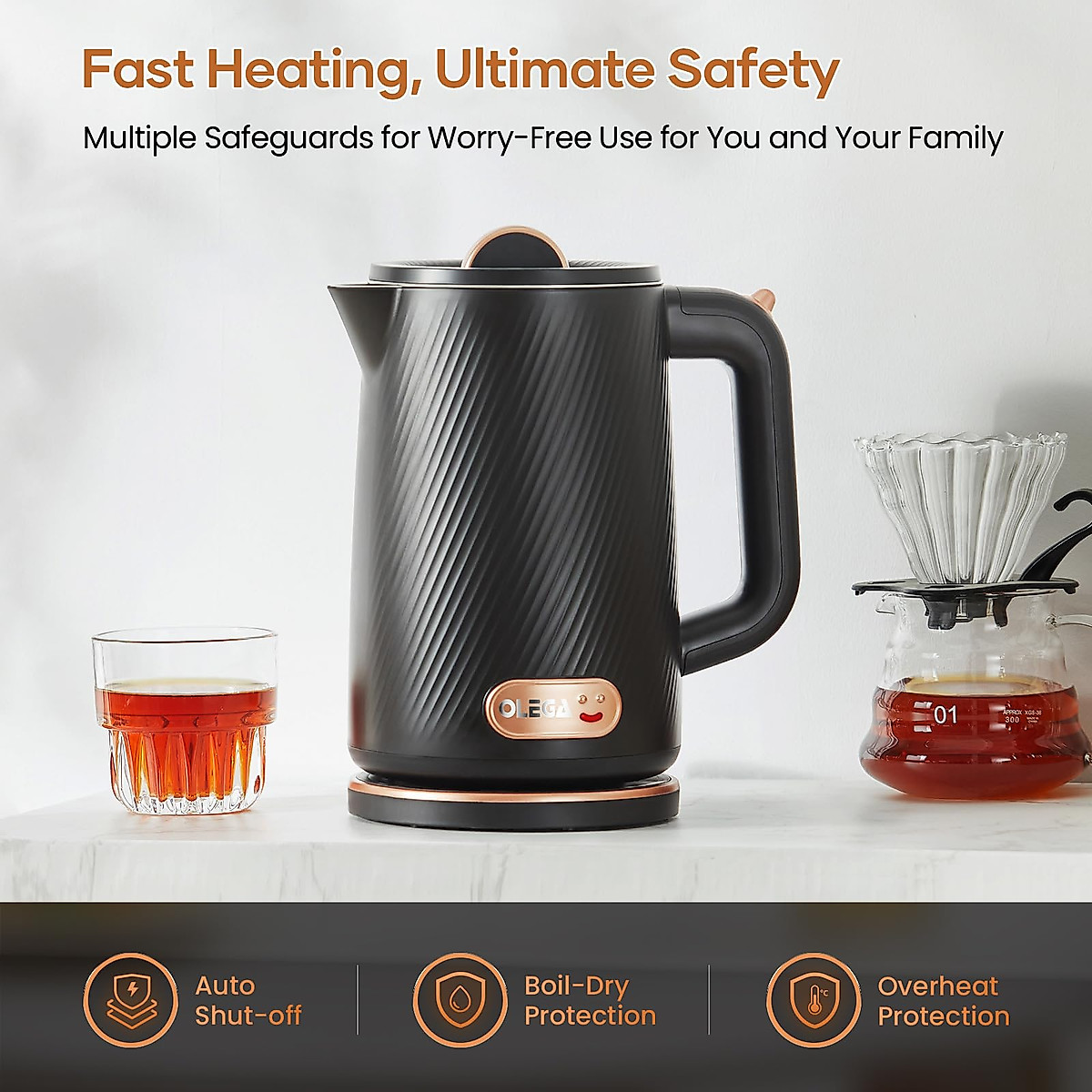 OLEGA Electric Kettle - 1500W Fast Boiling Electric Tea Kettle 1.8L BPA-Free Stainless Steel Hot Water Kettle Electric for Boiling Water Auto Shut Off Electric Water Kettle for Coffee Tea 120V