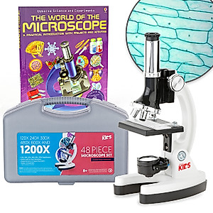 AmScope 1200X 48-pcs Kids Student Beginner Microscope Kit with Slides, LED Light, Carrying Box and Book The World of The Microscope
