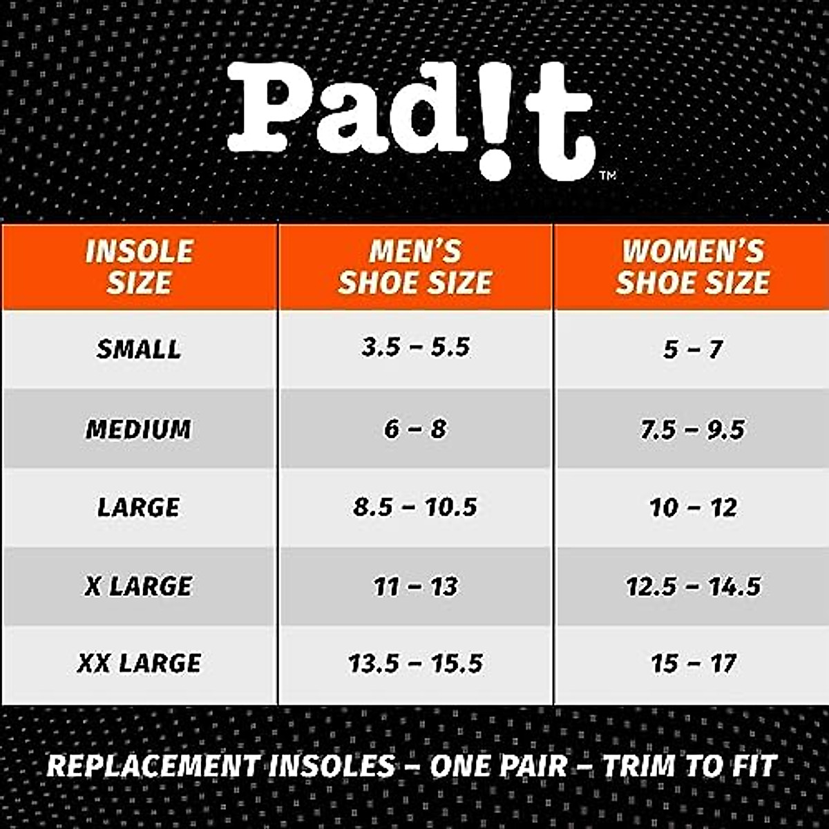 Pad!t Performance Insoles, EVA Foam Replacement for Sneakers, Boots, Flats, Cleats, and More, Shock Absorption and Balance Improvement, Washable - One Pair, Trim to Fit, X-Large