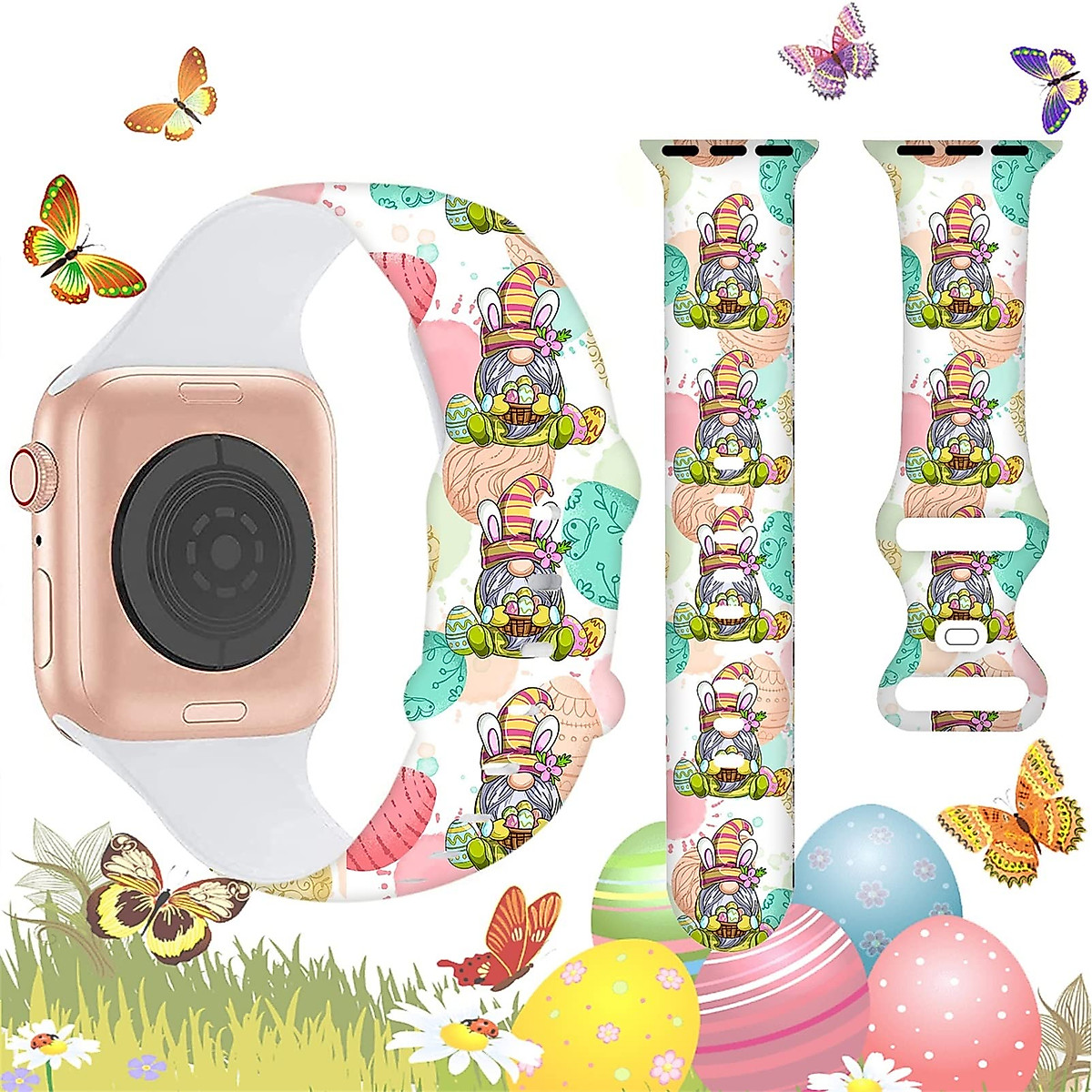 Easter Bands Compatible with Apple Watch Band 38mm 40mm 41mm,Cartoon Gnomes Rabbit Eggs Bunny Silicone Strap Wristbands Compatible with iWatch Bands Series SE 7 6 5 4 3 2 1 for Girls Women Boys Men