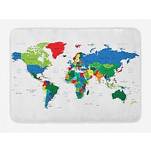 Ambesonne World Map Bath Mat, Colorful Political Map Borders Between Countries Different Nations and Cultures, Plush Bathroom Decor Mat with Non Slip Backing, 30.2" x 20", Green Blue