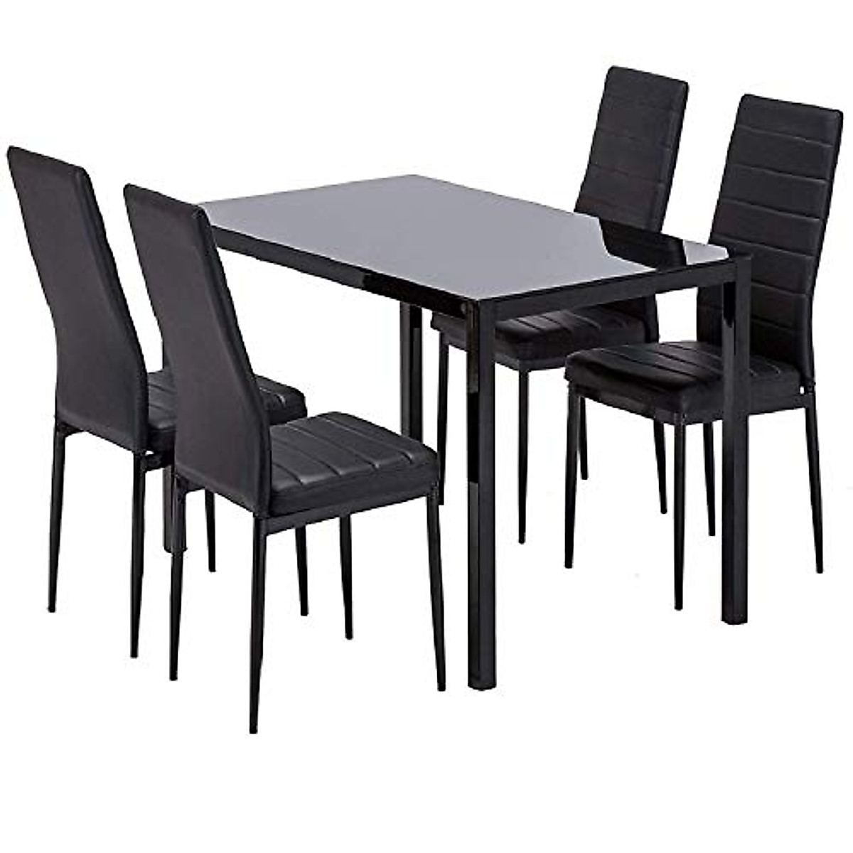 MECOR 5PC Kitchen Dinning Table Set Glass Top Metal Legs W/4 PU Leather Chairs Black