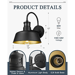 Seovix Motion Sensor Outdoor Barn Lights, Dusk to Dawn Outdoor Wall Light Fixtures with E26 Base Socket, IP65 Waterproof Exterior porch light for Garage, Entrance, Doorway, Entryways, HS2213-1