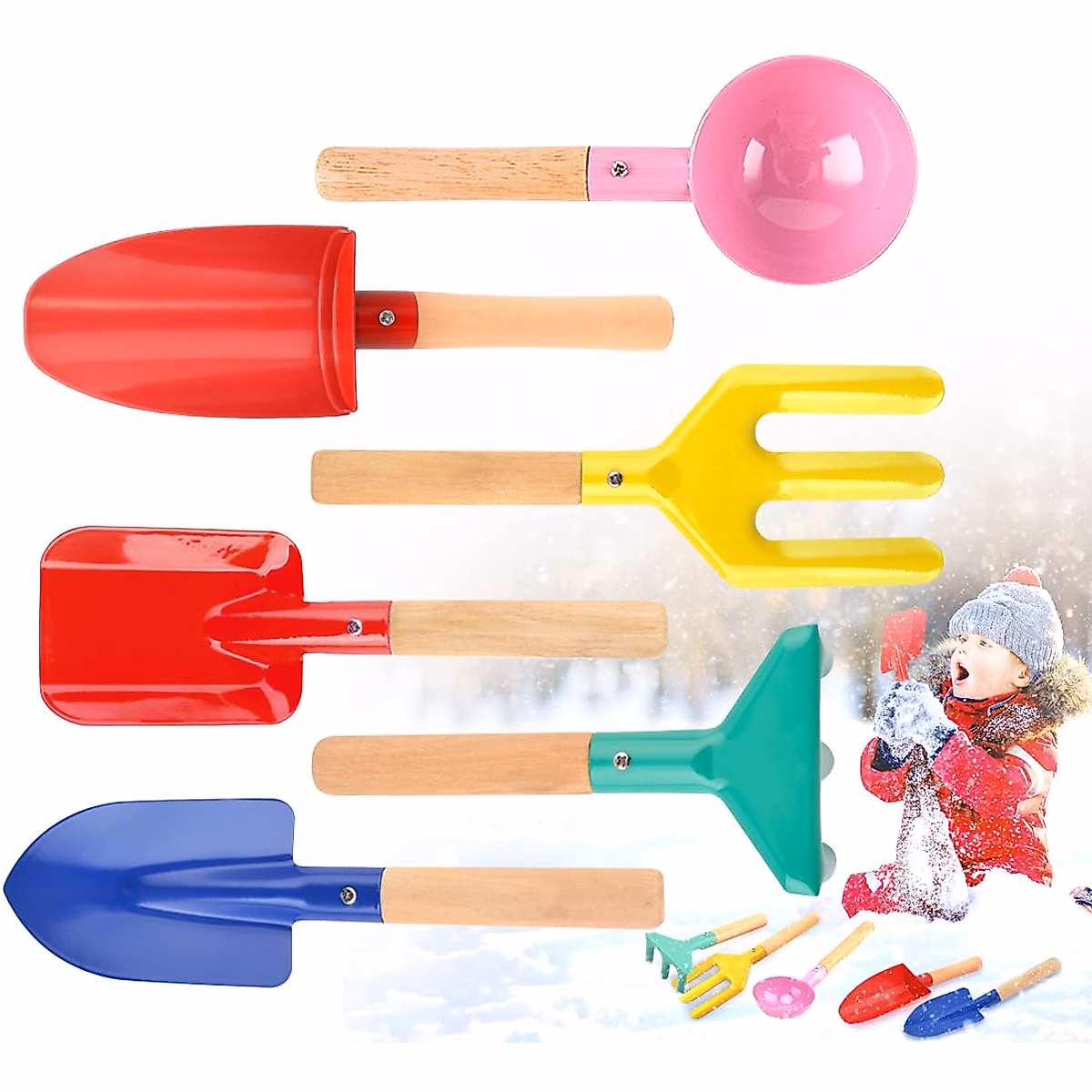 UMUACCAN 6 Piece Kids Beach Tools,Children Beach Sand Toys, Made of Metal with Sturdy Wooden Handle,Safe Beach Gardening Set,Spoon, Fork, Trowel, Rake & Shovel, Gifts for Kids