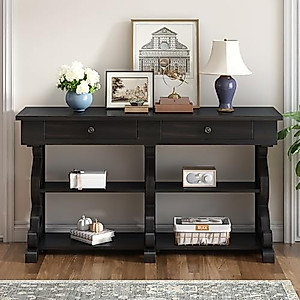 Retro Wood Console Table with Ample Storage, Classic Sideboard with 2 Drawers and Open Adjustable Shelves for Entrance Dinning Room Living Room Corridor Hallway (Antique Black-pzm3)