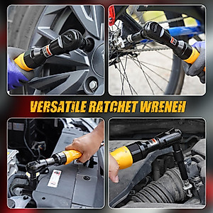 FUJIWARA 3/8 Inch Air Ratchet Wrench Set with 1/2" Drive Adapter,50ft-lbs Pneumatic Torque Impact Wrench Tools Kit with 6 Sockets(10,11,13,17,19,21MM) for Auto Maintenance, Repair Work -Yellow