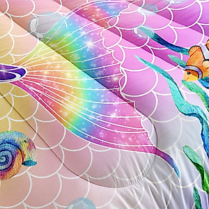 Datura home Bedding Comforter Set Rainbow Pink Mermaid Tail Printed Pattern Quilt with 1 and 2 Pillowcases for Girls Bedroom All Season(Rainbow Full) Full 80x90inches