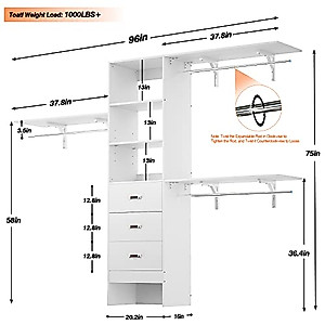 Armocity 96 Inches Closet System, 8FT Walk In Closet Organizer with 3 Shelving Towers, Heavy Duty Clothes Rack with 3 Drawers, Built-In Garment Rack, 96" L x 16" W x 75" H, Max Load 1000 LBS, White