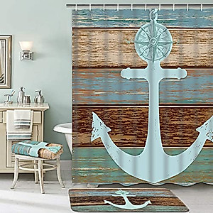 ASPMIZ 5 Pcs Anchor Shower Curtain Sets with Rugs and Towels, Include Non-Slip Rug, Toilet Lid Cover and Bath Mat, Nautical Anchor Rustic Wood Waterproof Shower Curtain with 12 Hooks for Bathroom