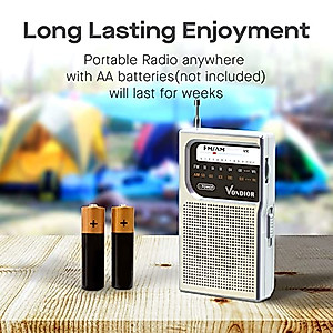 Vondior AM/FM Battery Operated Portable Pocket Radio - Best Reception and Longest Lasting. AM FM Compact Transistor Radios Player Operated by 2 AA Battery, Mono Headphone Socket, by Vondior (Silver)