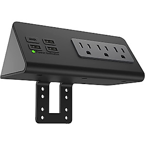 Electriduct Edge Mount Nightstand Charger 6 Amp 1 USB-C Charging Port + 3 USB-A Charging Ports, 3 AC Power Strip Outlets Clamp Desk Power Center - Black