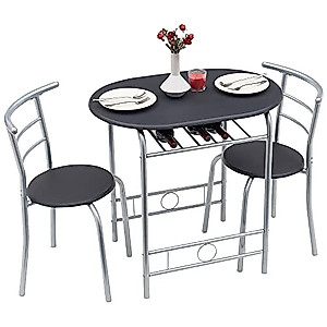VECELO 3 Piece Small Round Dining Table Set for Kitchen Breakfast Nook, Wood Grain Tabletop with Wine Storage Rack, Save Space, 31.5", Black and Silver