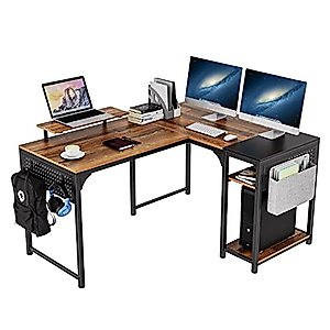 It's_Organized Reversible L Shaped Desk with Monitor Stand,58x47 inch Corner Desk,Study Writing Computer Table with Storage Shelves for Home Office,Rustic Brown/Black
