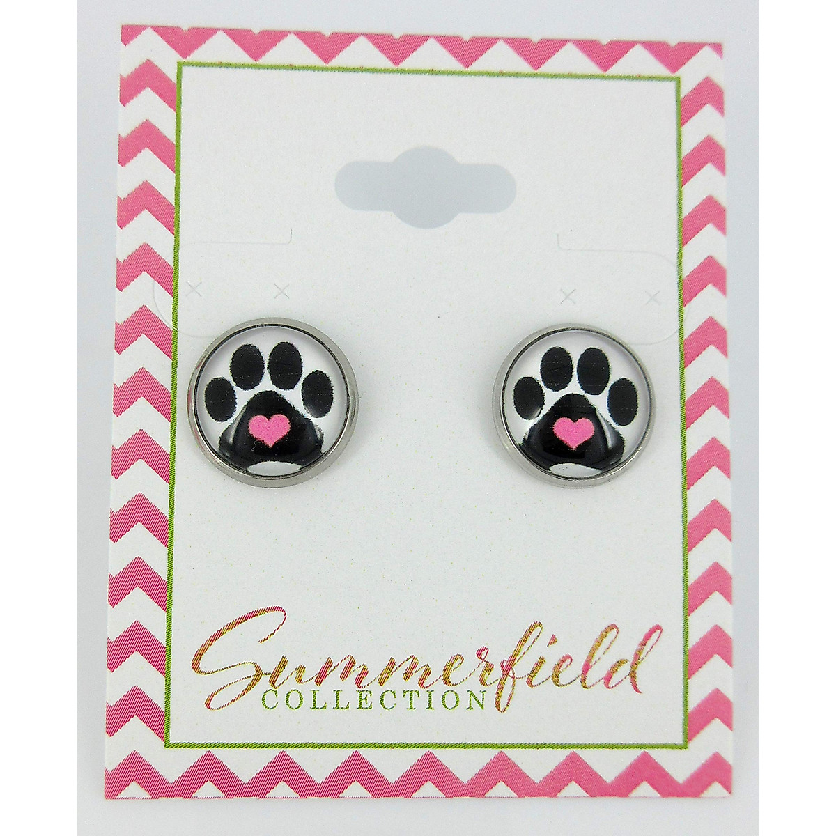Summerfield Collection Stainless Steel Black and White Paw Print Pink Heart Glass Stud Earrings 12mm