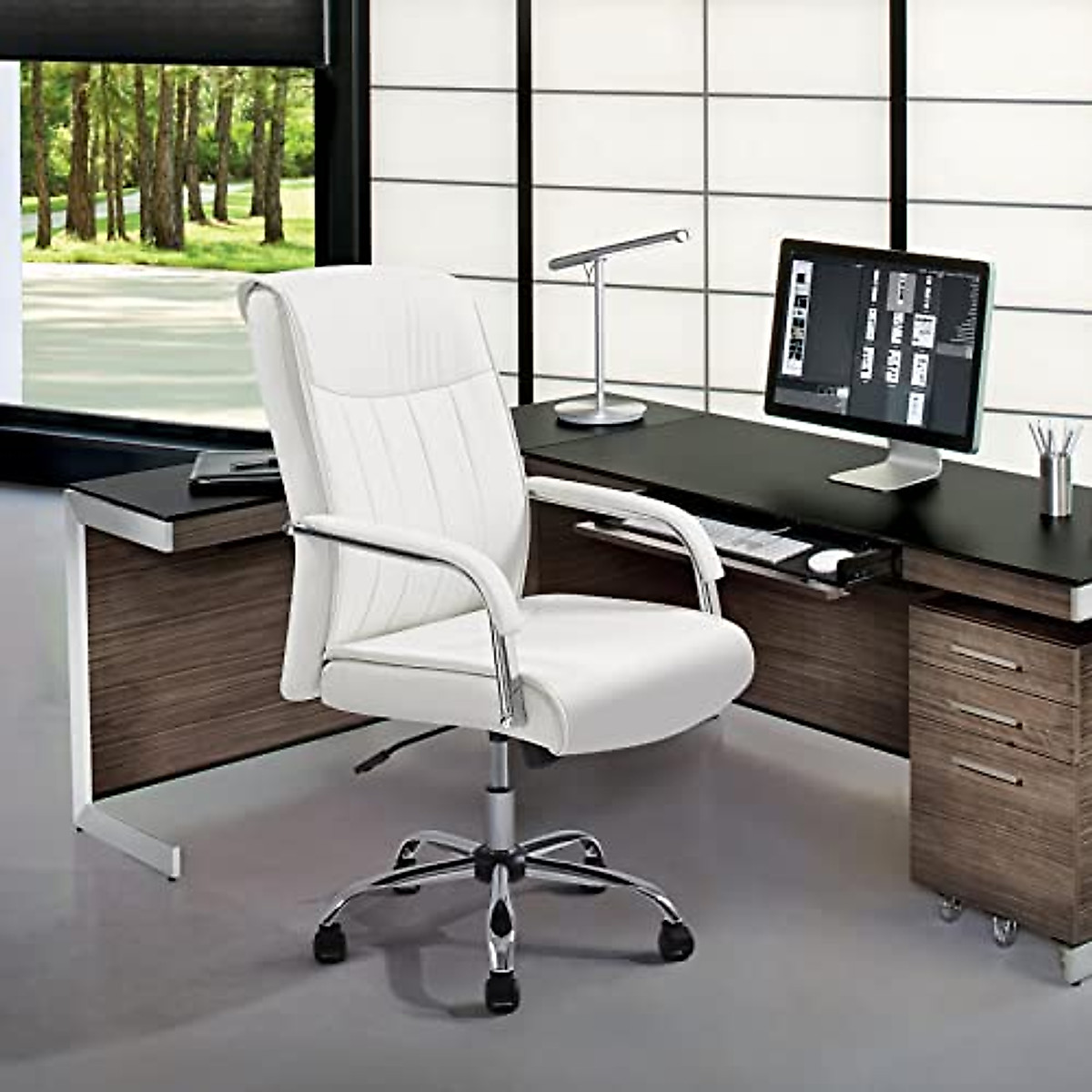Yaheetech High Back Office Desk Task Chair Executive Conference Leather Chair Ergonomic Managerial Chair Big and Tall Swivel Chair w/Lumbar Support, Padded Armrests, Wide Seat, White