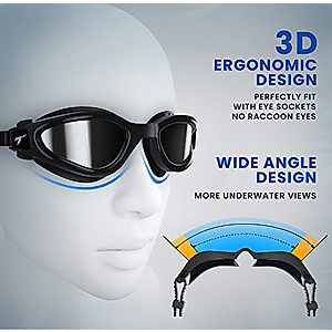TOBA Swimming Goggles, Polarized Anti-Fog Lens UV Protection Leakproof Swim Goggles for Men, Women, Adults - Black White Revo Smoke