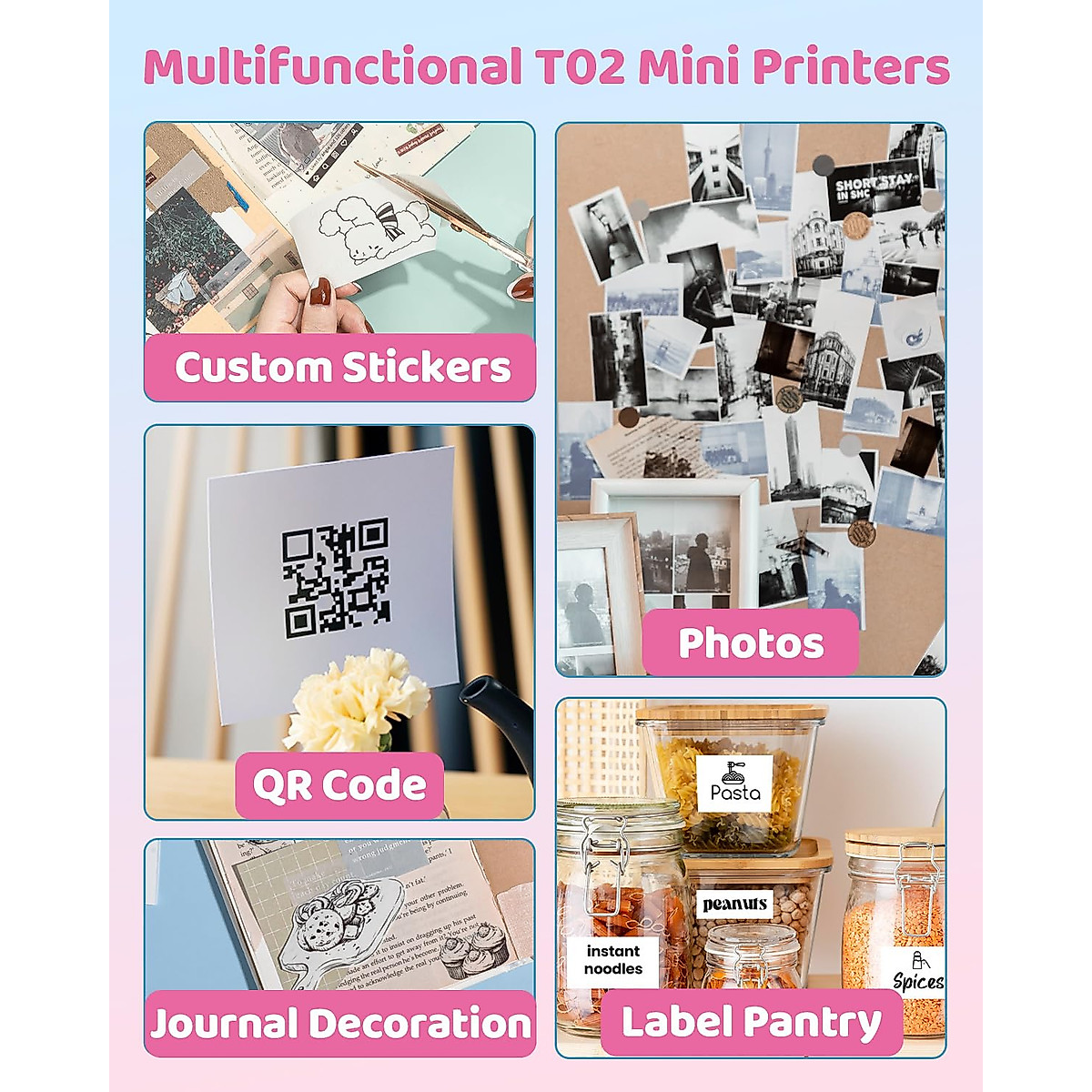 Ponek Mini Pocket Sticker Printer - T02 Black On White Self-Adhesive Paper, Thermal Paper 50mm x 3.5m, 3 Rolls, Keep for 10 Years, Mini Printer for Journal, Notes, Memo