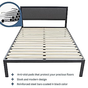 Viscologic Bed Frame, Modern Design with Upholstered Headboard, Metal Frame and Wooden Slat Support, Full
