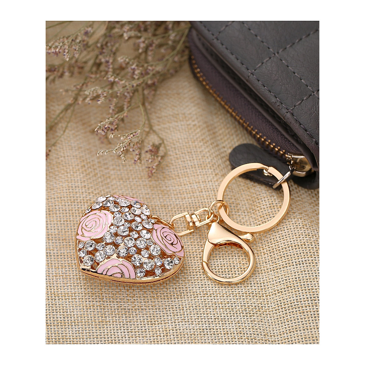Flower Ball Keychain and Sweet Love Heart Rose Crystal Key Chain for Women Pink Flower Girly Charm Keyring, 2 Pieces, Medium