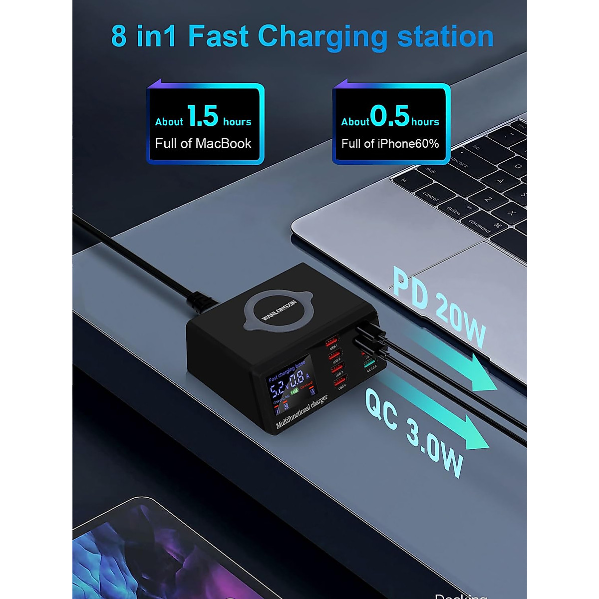 WANLONGXIN 100W 8-Port USB Qi Wireless Charging Station, QC3.0/PD Fast Charge for Phones Tablets USB Tools, Multi-Device Smart IC Desktop Organizer Hub