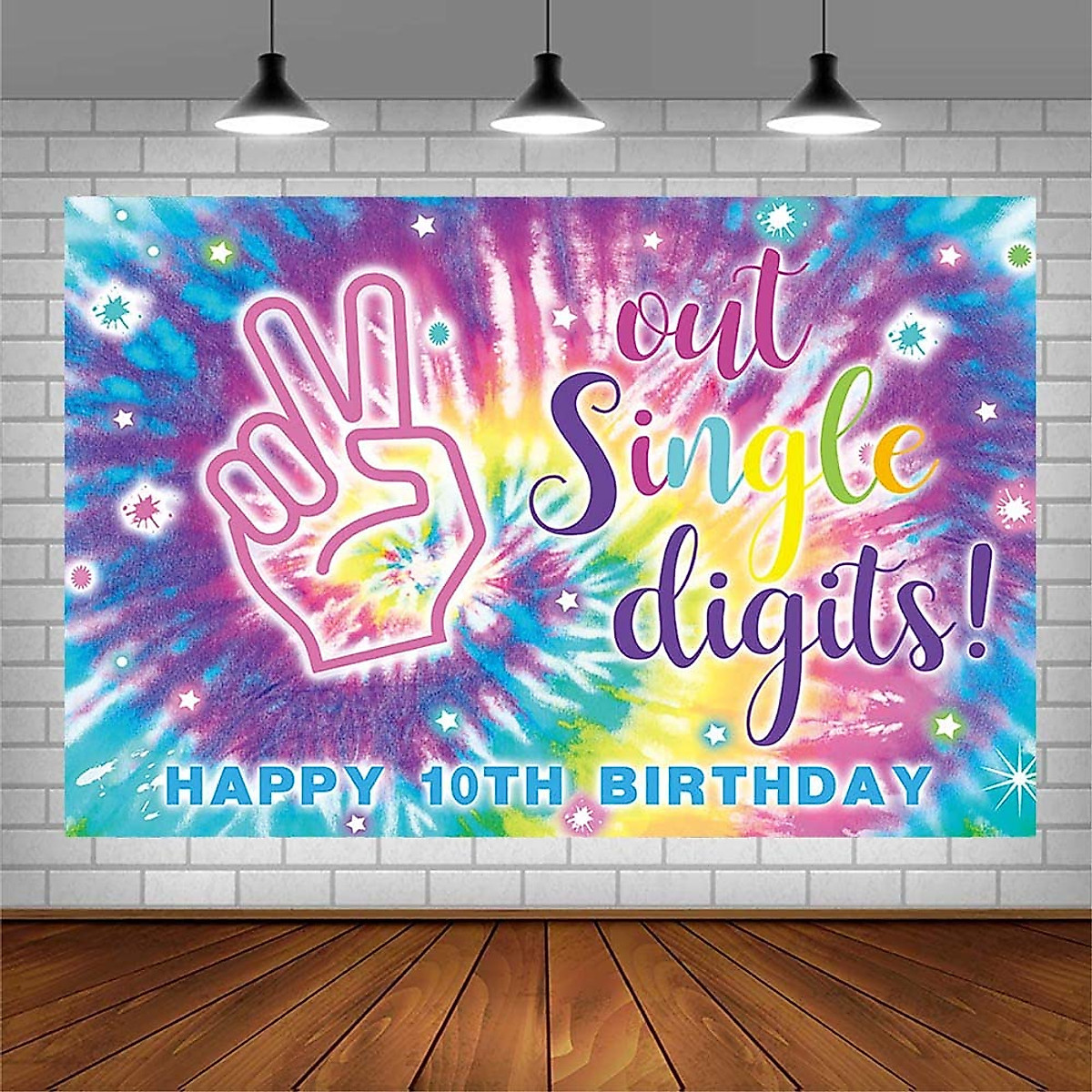 7x5ft Out Single Digits Backdrop Happy 10th Birthday Party Decorations Supplies for Baby Tie Dye Rainbow Neon It's My 10 Years Old Bday Photography Background Banner Photo Shoot Studio Props, Purple