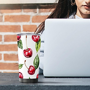 QWEUIOP 20oz Insulated Travel Coffee Mug Cherry Green Leaf Pattern Stainless Steel Tumbler with Lid Double Wall Vacuum Coffee Cup For Hot and Cold Drinks14116