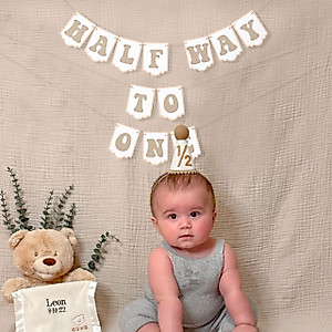 Half Way To One Banner for Baby - Baby 1/2 Birthday Party Decorations,Half Birthday Banner For Boys Girls,Neutral Rustic Baby Shower Party Decor,Six Months Baby Happy Birthday Banner Photo Props (HALF