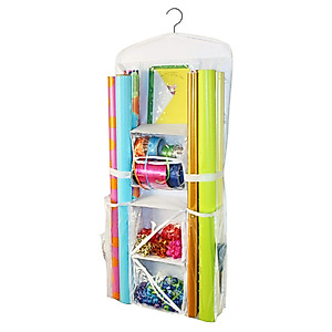 Gift Wrap Organizer - Storage for Wrapping Paper (All Sized Rolls), Gift Bags, Bows, Ribbon and More - Organize Your Closet with this Hanging Bag & Box to Have Organization, Clear Pockets & Hook Hangs