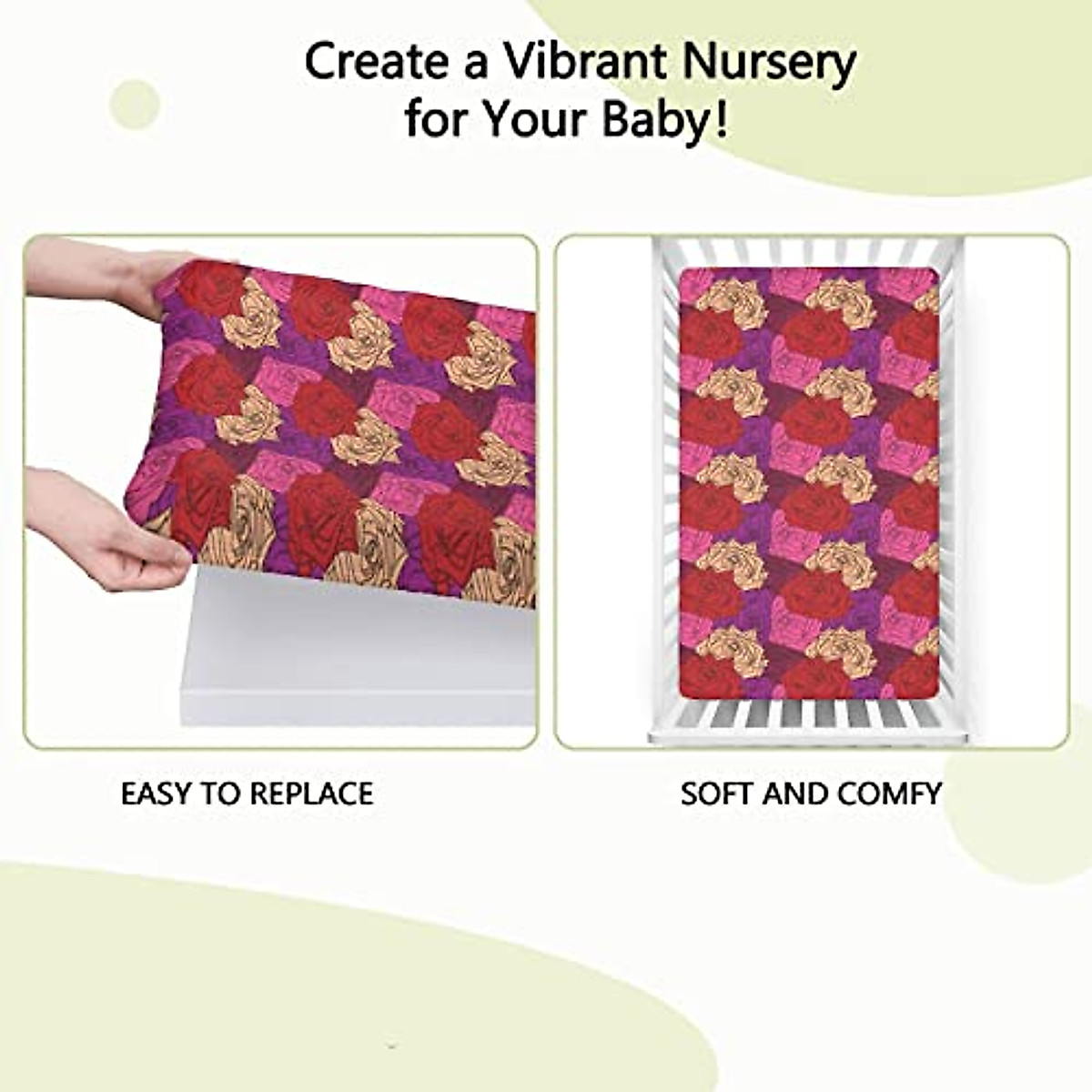 Roses Themed Fitted Crib Sheet,Standard Crib Mattress Fitted Sheet Soft Toddler Mattress Sheet Fitted-Baby Crib Sheets for Girl or Boy,28“ x52“,Multicolor
