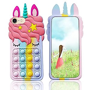 aupartuds iPhone SE Cute Case for Girls Kids,Cartoon Kawaii Funny Silicone Design Cover,Unicorn Cool Unique Stress Relief Push Pop Bubble Protective Shell for iPhone 6/6S/7/8 4.7 inch - Rainbow