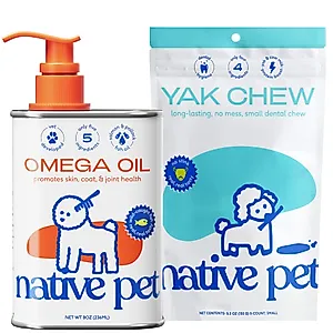Native Pet Omega Oil for Dogs - Dog Fish Oil Supplements & Yak Chews for Dogs | Pasture-Raised and Organic Yak Cheese Himalayan Churpi Chews | 8 Oz. & 5 Small Yak Chews