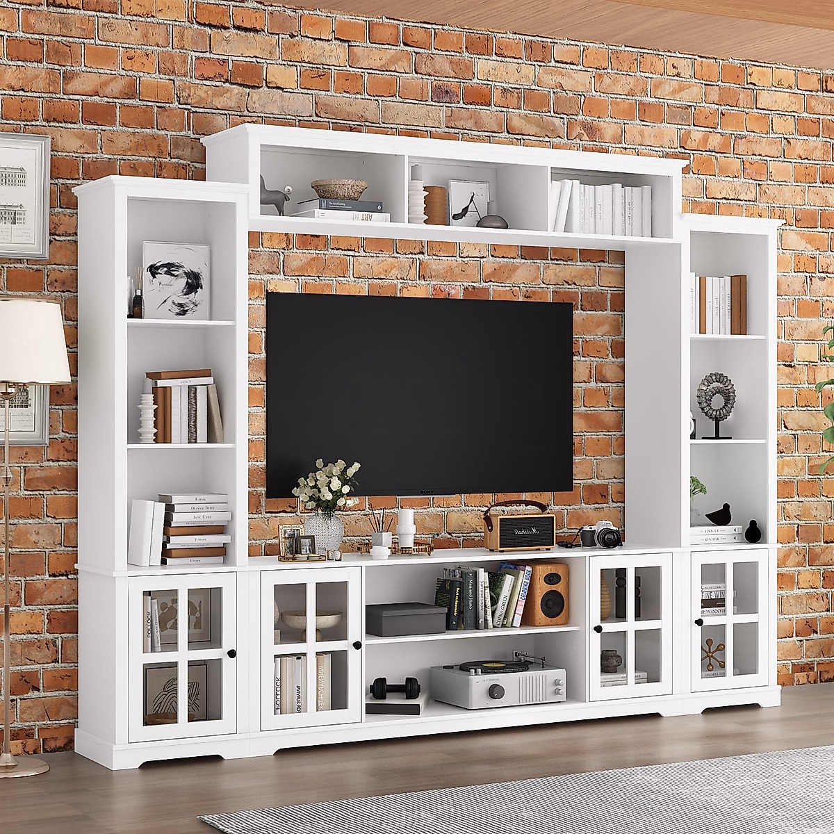 DiDuGo Large Entertainment Center with Bookshelves & Glass Doors, 66.9x43.3 inch Hutch Space for TV, Living Room Entertainment Center with Storage, White (102”W x 14.6”D x 78.2”H)