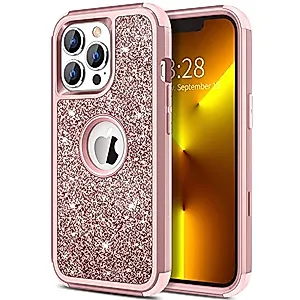 Hython Case for iPhone 13 Pro Max Case Glitter, Cute Shiny Bling Sparkle Cover, Heavy Duty 3 in 1 Hybrid Hard PC Soft TPU Bumper Full Body Shockproof Protective Phone Cases for Women Girls, Rose Gold