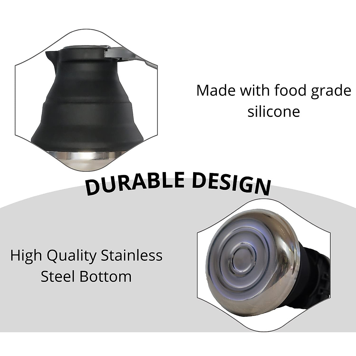 White Pine Collective Black Collapsible Silicone Kettle 50.72 oz - camping coffee pot, travel kettle, collapsible kettles for boiling water, small portable silicone tea kettle, outdoor camp pot