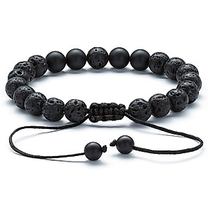 Hamoery Men Women 8mm Lava Rock Aromatherapy Anxiety Essential Oil Diffuser Bracelet Adjustable Natural Stone Yoga meditation relaxation Beads Bracelet Bangle(Matte Black Agate)