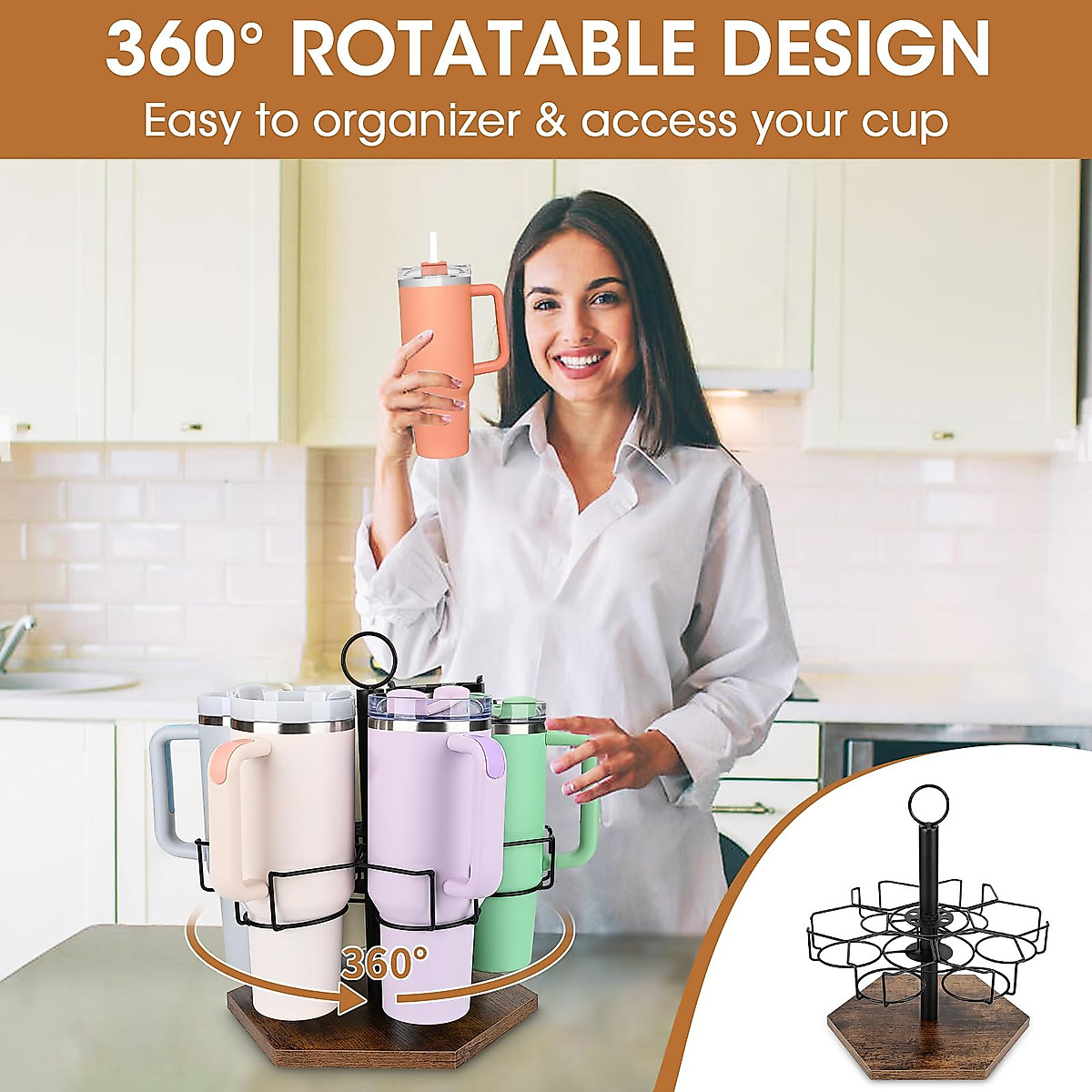 Stanley Cup Holder for Tumbler With Handle, 360° Rotating Stanley Cup Organizer Water Bottle Storage 20/30/40oz Kitchen, Hexagonal Spinning Tumblers Organizer Countertop Cabinet 6 Slots Mugs Turn Rack