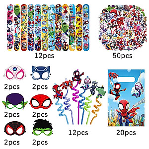 106PCS Spidey Friends Party Favor Supplies -Reusable Drinking straws Masks&Slap Bracelets Bags&Spidey Stickers Gifts for Kids Birthday Spidey Friends Themed Party Favors Birthday Decorations ﻿