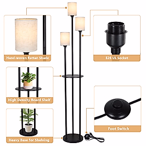 Stepeak Floor Lamp with Shelves, Modern Floor Lamps for Living Room, 3-Lights Standing Lamp with Linen Shade and Foot Switch, Industrial Standing Lamps for Bedroom, Black Tall Table Lamp for Office