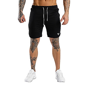 Wangdo Men's Workout Shorts 7" Running Gym Athletic Bike Shorts with Zipper Pocket(Black+Green-M)
