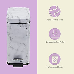Home Basics Faux Marble 5 Liter Rectangle Step Waste Bin, White | Removable Liner | Steel | Unique Slim Design