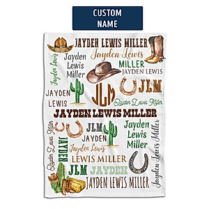 Initials Name Baby Western Blankets, Cowboy Baby Blankets, Personalized Cactus Baby Blankets for Boys Girls, Baby Boy Stuff, Custom Baby Blankets Name Fleece Blankets for Infant Newborn Son Daughter