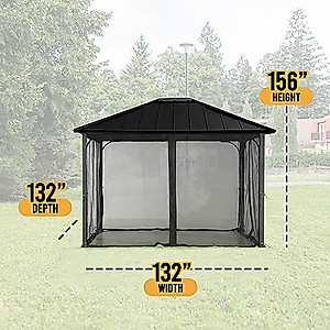 Sunjoy Hildreth 11 x 13 Foot Screened Gazebo Canopy Outdoor Pergola Tent with Steel Roof and Aluminum Posts for Backyard Patio Shade, Black