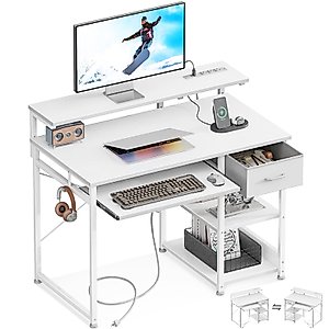 AODK Small Computer Desk with Keyboard Tray, 40 Inch Office Desk with Power Outlet, Work Desk with Drawer, Reversible Desk with Adjustable Monitor Shelf and Storage Shelf for Home Office, White